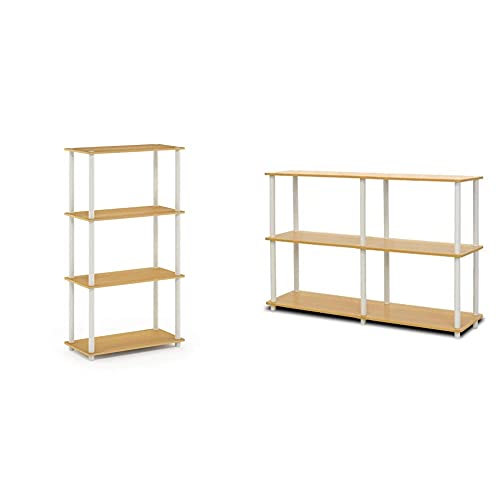 Furinno (99557BE/WH Turn-N-Tube 4-Tier Multipurpose Shelf Display Rack - Beech/White & 99130BE/WH 3-Tier Double Size Storage Display Rack, Beech/White