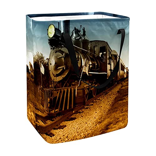 Vintage Train Steam Locomotive Laundry Basket Large Cloth Organizer Bag Basket Foldable Laundry Hamper with Handles