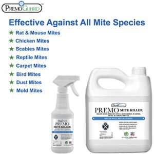 Mite Killer Spray by Premo Guard 128 oz – Treatment for Dust Spider Bird Rat Mouse Carpet and Scabies Mites – Fast Acting 100% Effective – Child & Pet Safe – Best Natural Extended Protection