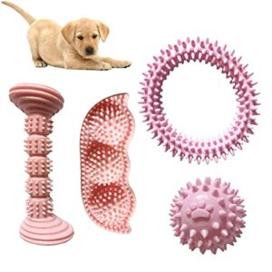 DogieLyn Interactive 2-8 Months Puppy Teething Chew Toys, Puppies Biting Toy, Doggy Teeth Cleaning Rubber Toothbrush for Small Dogs Teddy,Crogi,Schnauzer, 4 pcs (Pink)