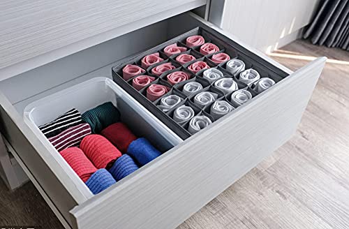 2 Pack Socks Drawer Organizer Divider, Fabric Washable Dresser Sock Storage£¬ 48 Cells Collapsible Storage Boxes for Lingerie, Underwear, Ties £¨Gray£©