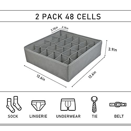 2 Pack Socks Drawer Organizer Divider, Fabric Washable Dresser Sock Storage£¬ 48 Cells Collapsible Storage Boxes for Lingerie, Underwear, Ties £¨Gray£©