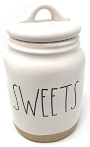 rae dunn sweets small white ceramic canister with sand stone accent at base inscribed