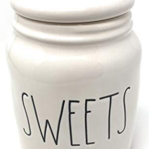 Rae Dunn SWEETS Small White Ceramic Canister with Sand Stone Accent at Base Inscribed