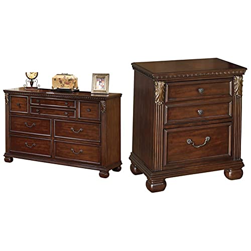 Signature Design by Ashley Leahlyn Traditional Ornate 7 Drawer Dresser, Warm Brown & Leahlyn Traditional 2 Drawer Nightstand, Warm Brown