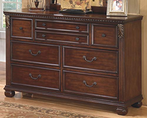 Signature Design by Ashley Leahlyn Traditional Ornate 7 Drawer Dresser, Warm Brown & Leahlyn Traditional 2 Drawer Nightstand, Warm Brown