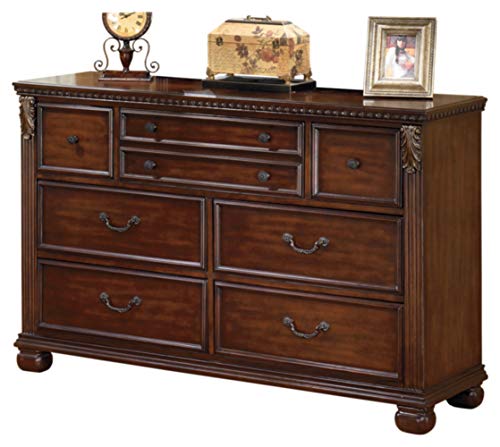 Signature Design by Ashley Leahlyn Traditional Ornate 7 Drawer Dresser, Warm Brown & Leahlyn Traditional 2 Drawer Nightstand, Warm Brown