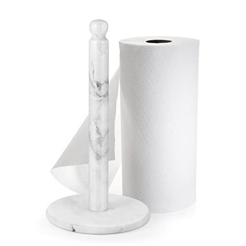 Flexzion Marble Paper Towel Holder - White 12-inch Paper Towel Holder Countertop - Paper Towel Stand with Weighted Marble Base for Standard and Jumbo Size Paper Rolls