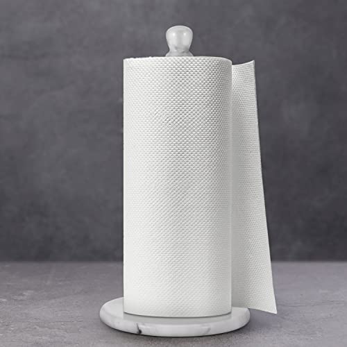 Flexzion Marble Paper Towel Holder - White 12-inch Paper Towel Holder Countertop - Paper Towel Stand with Weighted Marble Base for Standard and Jumbo Size Paper Rolls