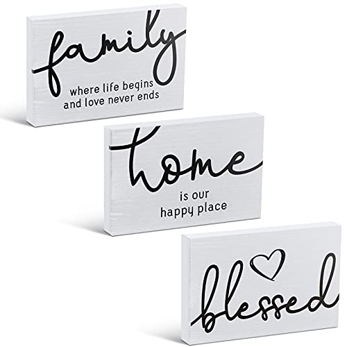 3 Pieces Family Home Blessed Rustic Wood Sign Mini Wood Decorative Signs Farmhouse Woodworks Decors Table Decorations Signs for Bedroom Kitchen Living Room Table Decorations