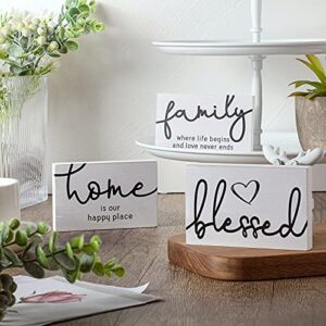 3 Pieces Family Home Blessed Rustic Wood Sign Mini Wood Decorative Signs Farmhouse Woodworks Decors Table Decorations Signs for Bedroom Kitchen Living Room Table Decorations