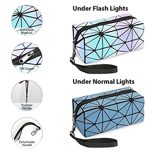 Luminous Pencil Pen Pouch Big Capacity,Geometric Portable Holographic Reflective Pencil case, Zipper Stationery Storage Pouch,Pen Marker Case for High Middle Primary School Student Office (blue)