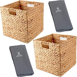 water hyacinth storage baskets 12x12x12 in, square baskets for storage shelves with fabric lining, storage baskets for cube organizer, ikea kallax storage cubes, 2 pcs