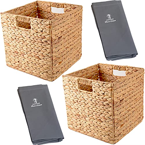 Water hyacinth storage baskets 12x12x12 in, square baskets for storage shelves with fabric lining, storage baskets for cube organizer, ikea kallax storage cubes, 2 Pcs