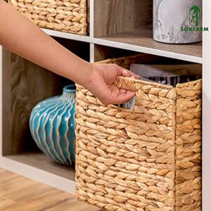 Water hyacinth storage baskets 12x12x12 in, square baskets for storage shelves with fabric lining, storage baskets for cube organizer, ikea kallax storage cubes, 2 Pcs