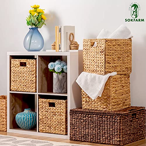 Water hyacinth storage baskets 12x12x12 in, square baskets for storage shelves with fabric lining, storage baskets for cube organizer, ikea kallax storage cubes, 2 Pcs