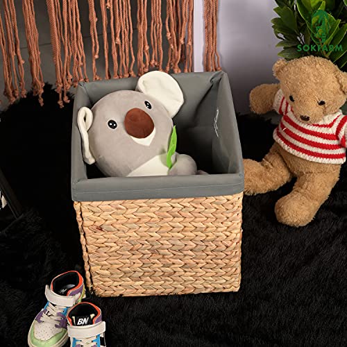 Water hyacinth storage baskets 12x12x12 in, square baskets for storage shelves with fabric lining, storage baskets for cube organizer, ikea kallax storage cubes, 2 Pcs