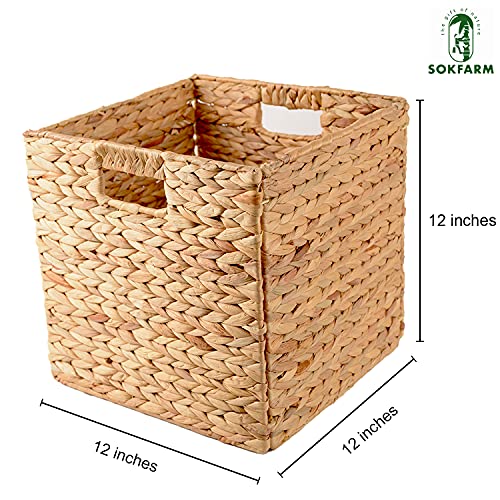 Water hyacinth storage baskets 12x12x12 in, square baskets for storage shelves with fabric lining, storage baskets for cube organizer, ikea kallax storage cubes, 2 Pcs