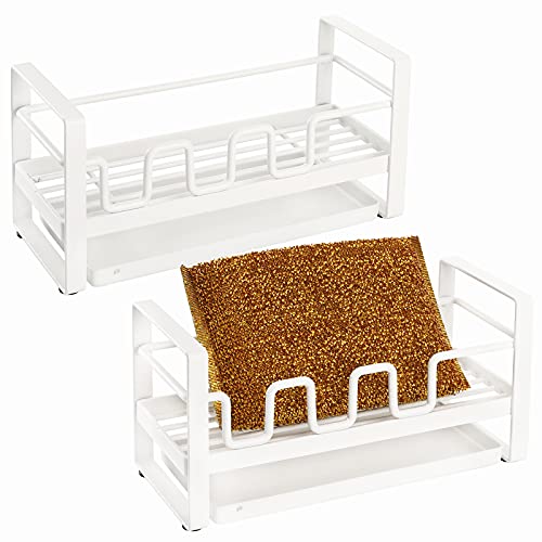 ZOOFOX 2 Pack Sink Sponge Holder with Removable Drain Tray, 7.2 Inch Countertop Caddy Organizer, Kitchen Soap Dish Dispenser Brush Holder