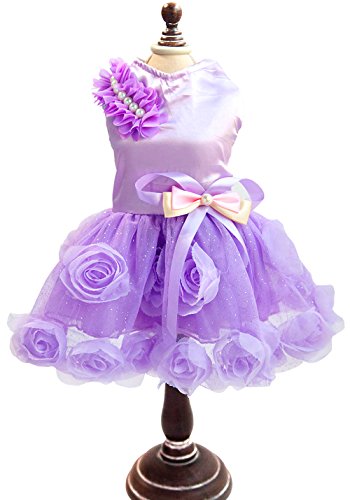 SMALLLEE_LUCKY_STORE Pet Small Dog Wedding Dress with Bowknot Birthday Party Costume Satin Rose Pearls Girl Formal Dress Cat Tutu Purple Violet XXL