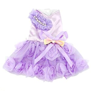 SMALLLEE_LUCKY_STORE Pet Small Dog Wedding Dress with Bowknot Birthday Party Costume Satin Rose Pearls Girl Formal Dress Cat Tutu Purple Violet XXL