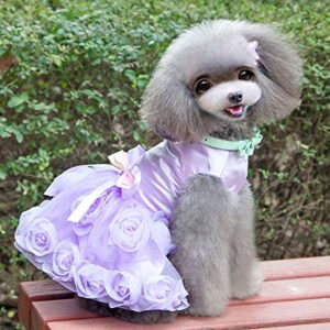 SMALLLEE_LUCKY_STORE Pet Small Dog Wedding Dress with Bowknot Birthday Party Costume Satin Rose Pearls Girl Formal Dress Cat Tutu Purple Violet XXL