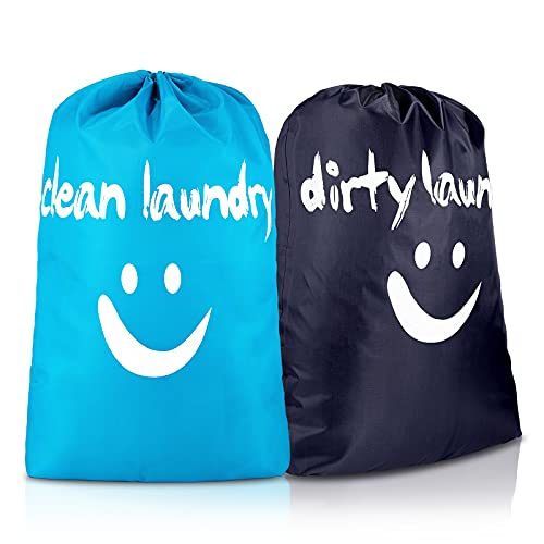 2 Pieces Clean Laundry Bags Nylon Travel Laundry Bag with Drawstring Machine Washable Dirty Clothes Organizer Bag Laundry Storage Bags for Laundry Hamper or Basket, Gray and Blue, 23.6 x 17.7 Inch