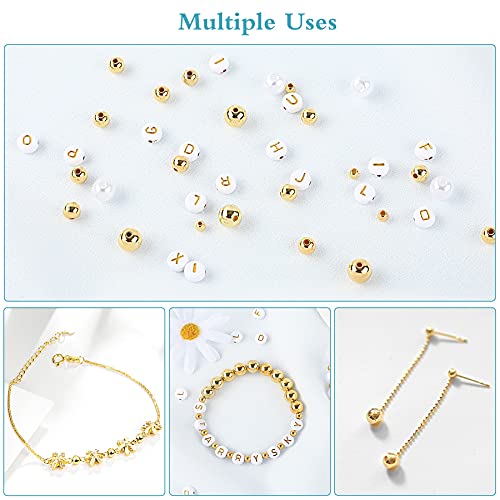 1800Pcs Beads Making Kit, 1500Pcs Gold Round Spacer Beads Smooth Loose Ball Beads, 150Pcs Alphabet Beads, 150Pcs White Pearls Beads and 2 Rolls Elastic String for DIY Bracelet Jewelry Craft