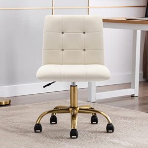 Duhome Rolling Desk Chair for Women Girls, Elegant Vanity Chair with Wheels Button Tufted Home Office Chair for Bedroom Living Room Office White PU Leather