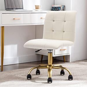 Duhome Rolling Desk Chair for Women Girls, Elegant Vanity Chair with Wheels Button Tufted Home Office Chair for Bedroom Living Room Office White PU Leather