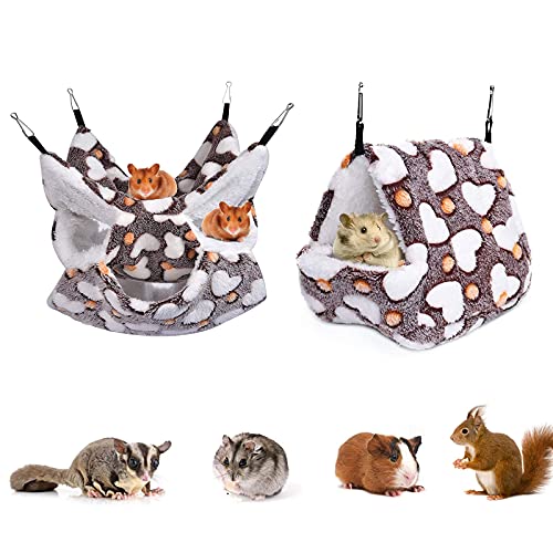 Petmolico 3 Pieces Ferret Cage Hammock Set - Triple Layer Plush Rat Hammock and Hanging Tent Bed and Warm Bed Mat for Sugar Glider, Rat, Ferret, Chincilla, Hamster, Guinea Pig, Coffee Hearts