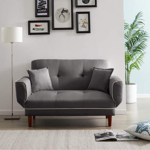 Convertible Futon Sofa Bed with 2 Pillows, Sleeper Sofa Futon Couch, Recliner Couch with Adjustable Armrest and Wood Legs, Living Room Sofa with 5-Angle Backrest for Small Space (Grey)