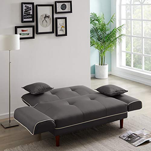 Convertible Futon Sofa Bed with 2 Pillows, Sleeper Sofa Futon Couch, Recliner Couch with Adjustable Armrest and Wood Legs, Living Room Sofa with 5-Angle Backrest for Small Space (Grey)