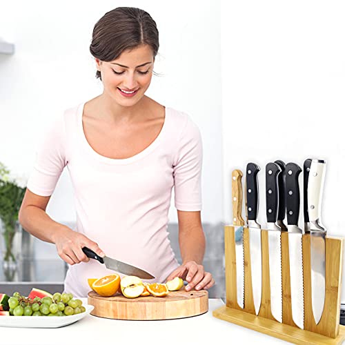 Bamboo Large Magnetic Knife Block, Bamboo Knife Holder with Powerful Magnet, Kitchen Knife Organizer Block for Storage, Double Sided Magnetic Knife Holder(11.8"x8.6")