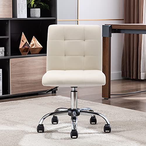 Duhome Rolling Home Office Desk Chairs for Teens, Adjustable Task Chair No Arms Desk Chair with Backrest for Home Office Bedroom Barber White PU Leather