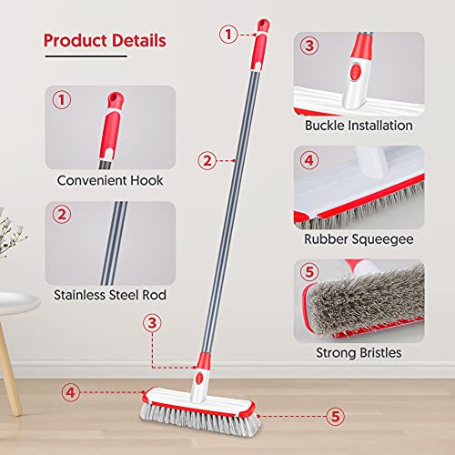 Scrub Brush Floor Brush with Long Handle, Deck Brush Floor Scrubber 2 in 1 Scrape Brush Stiff Bristle Shower Brush Scrubbing Brush Cleaning Brush for Bathroom, Kitchen, Tub, Carpet, Grout, Tile