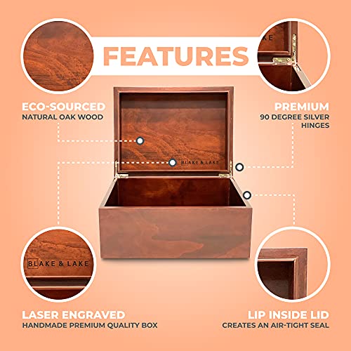 Blake & Lake Large Wooden Box with Hinged Lid - Wood Storage Box with Lid - Wooden Keepsake Box - Decorative boxes with lids (Dark Oak)