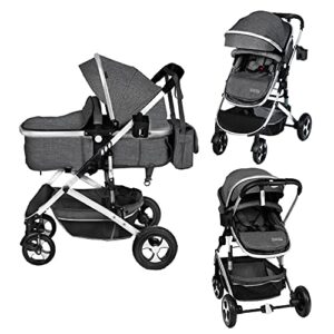 kinder king 2 in 1 convertible baby stroller, folding high landscape infant carriage, newborn reversible bassinet pram, adjustable canopy, diaper bag, anti-shock toddler pushchair stroller, dark grey