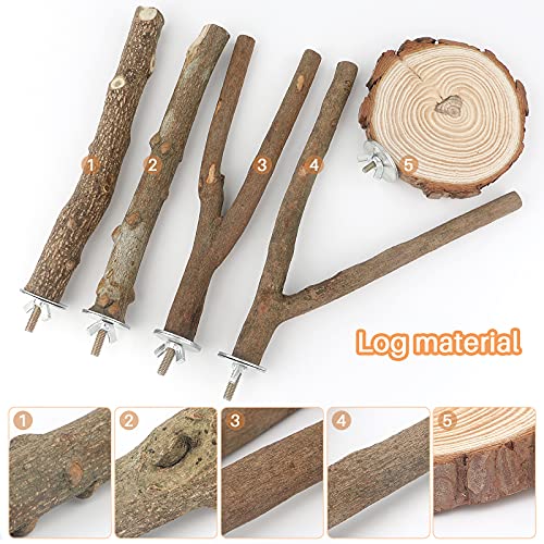 5PCS Bird Perch for Cage Bird Stand Toy Set Natural Wooden Parrot Stand Branch with Round Platform Paw Grinding Stick Bird Exercise Training Climbing Toys for Bird Cage Accessories