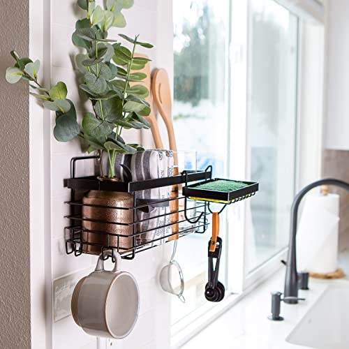 Shower Wall Caddy with Removable Soap Holder – Rustproof Black Metal Hanging Bathroom Shower Organizer Rack – 6 Sturdy Hooks for Storage – Adhesive Mounts & Mini Bubble Level for Easy Install