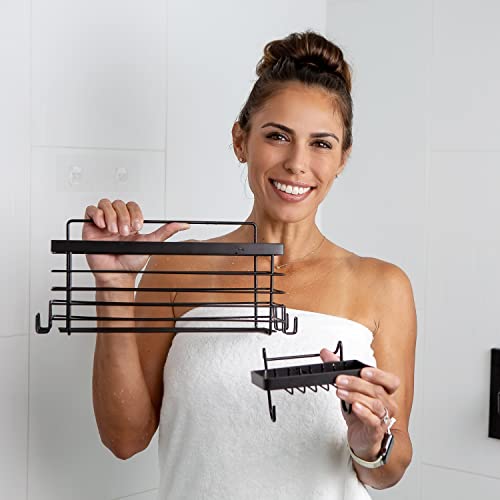 Shower Wall Caddy with Removable Soap Holder – Rustproof Black Metal Hanging Bathroom Shower Organizer Rack – 6 Sturdy Hooks for Storage – Adhesive Mounts & Mini Bubble Level for Easy Install