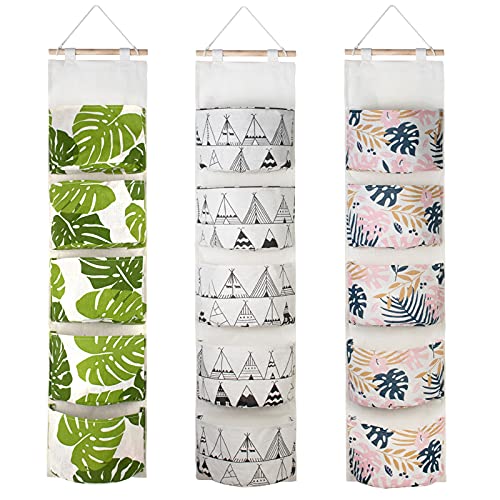 YOCOMEY 3Pcs Wall Closet Hanging Storage Bag with 5 Pockets, Waterproof Linen Fabric Over The Door Organizer, Multifucional Stylish Hanging Storage Pouches for Bedroom Bathroom (House/Leaf)