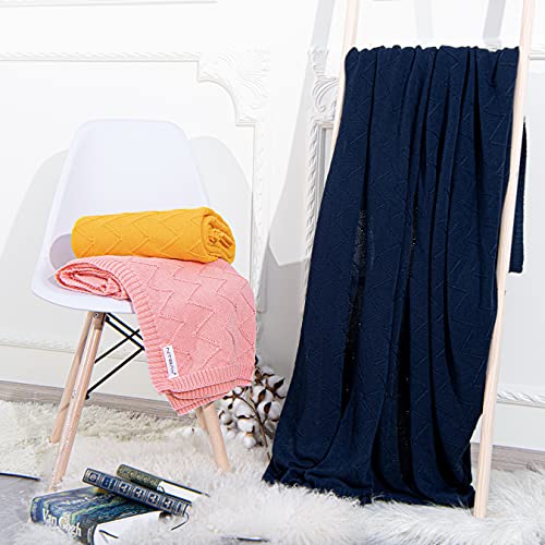 NTBAY Rayon Cotton Cable Knitted Throw Blanket, Breathable and Silky Soft Chevron Textured RPET Decorative Blanket for Couch, Sofa, Bed, 51x67 Inches, Navy Blue