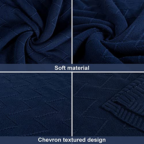 NTBAY Rayon Cotton Cable Knitted Throw Blanket, Breathable and Silky Soft Chevron Textured RPET Decorative Blanket for Couch, Sofa, Bed, 51x67 Inches, Navy Blue