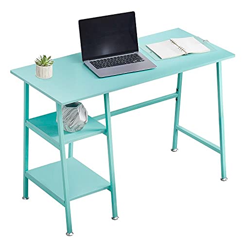 VECELO Computer Writing Wooden Study Table with 2 Tier Storage Shelves on Left or Right for Laptops, Modern Simple Workstation with Metal Frame for Home Office, Ladder Desk, Blue +Blue Leg