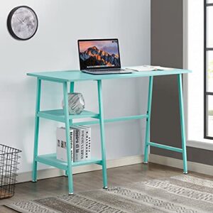 VECELO Computer Writing Wooden Study Table with 2 Tier Storage Shelves on Left or Right for Laptops, Modern Simple Workstation with Metal Frame for Home Office, Ladder Desk, Blue +Blue Leg