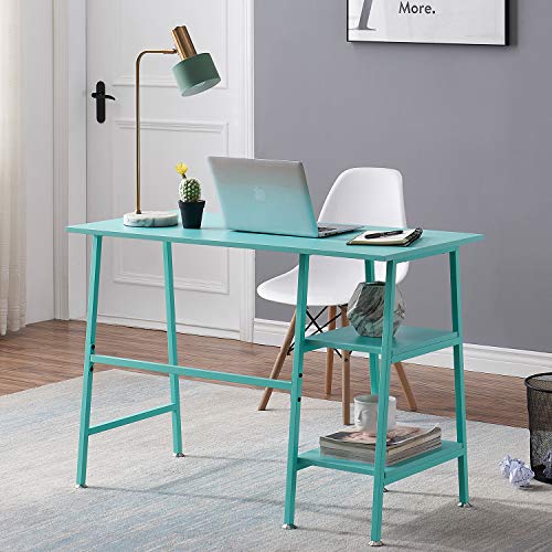 VECELO Computer Writing Wooden Study Table with 2 Tier Storage Shelves on Left or Right for Laptops, Modern Simple Workstation with Metal Frame for Home Office, Ladder Desk, Blue +Blue Leg