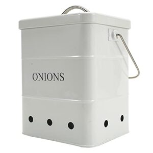 gdfjiy onion storage bin, kitchen storage canister,kitchen pantry organizer tin with airtight lid & handles, vegetable fresh keeper with aerating tin storage holes (white)