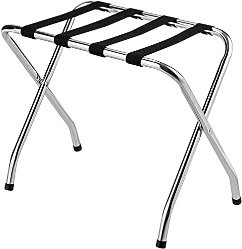 BETTARY Chrome Luggage Rack for Guest Room, Folding Metal Bag Suitcase Holder with Nylon Straps, Luggage Stand Ideal for Home Bedroom Guest Room Hotel, No Assembly Required (1)