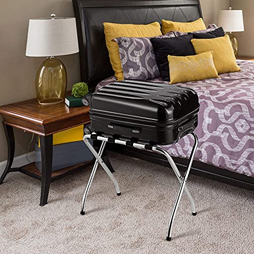 BETTARY Chrome Luggage Rack for Guest Room, Folding Metal Bag Suitcase Holder with Nylon Straps, Luggage Stand Ideal for Home Bedroom Guest Room Hotel, No Assembly Required (1)